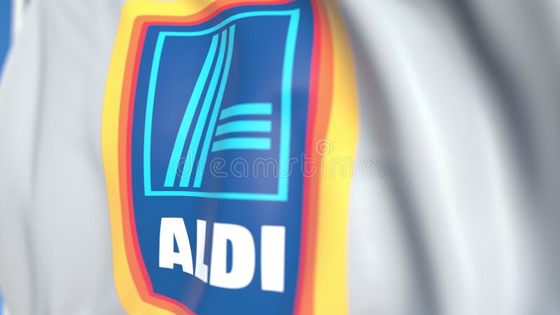 Waving Flag with Aldi Logo, Close-up. Editorial Loopable 3D Animation ...