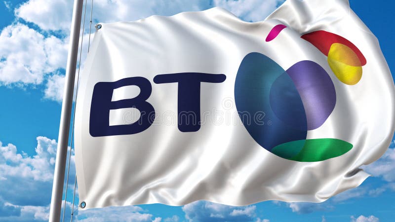 Waving Flag with British Telecom BT Logo Against Sky and Clouds ...