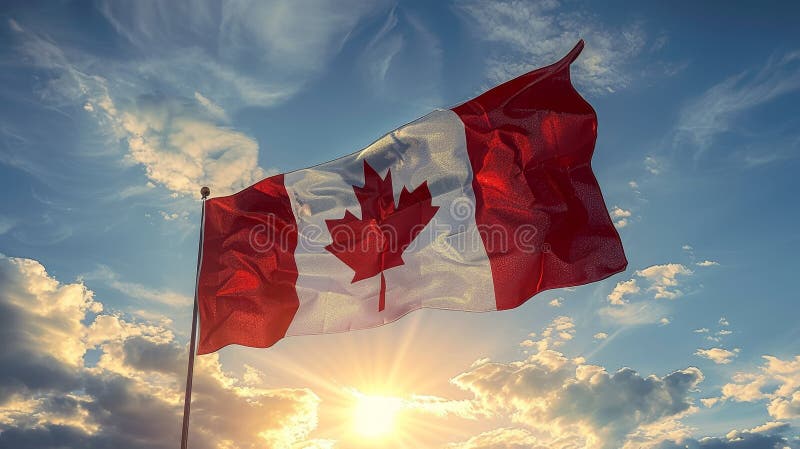 The Waving Flag of Canada Against a Clear Blue Sky on Canada Day. Happy ...