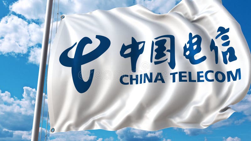 Waving Flag with China Telecom Logo Against Sky and Clouds. Editorial ...