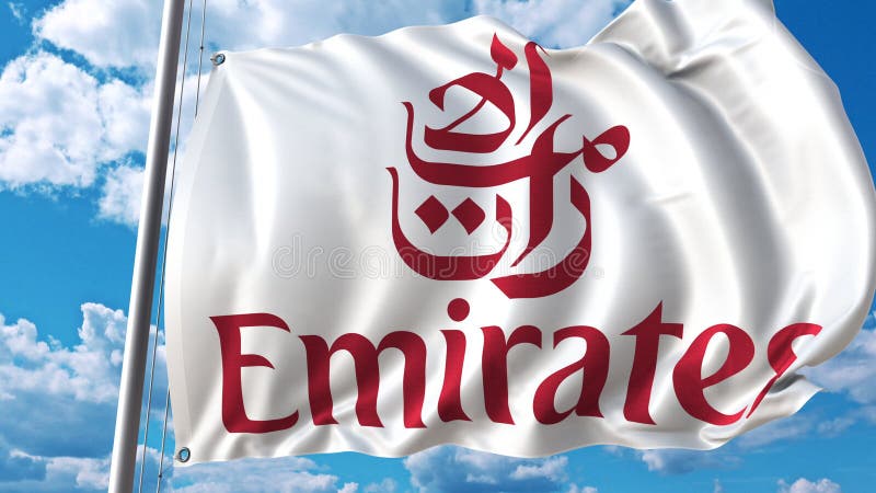 Waving Flag with Emirates Airlines Logo Against Sky and Clouds ...