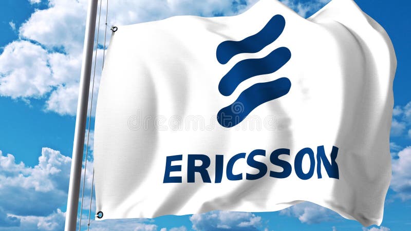 Waving Flag with Ericsson Logo Against Clouds and Sky. Editorial 3D ...
