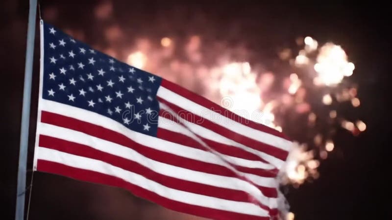 Waving Flag with Fireworks Display at Night Stock Footage - Video of ...