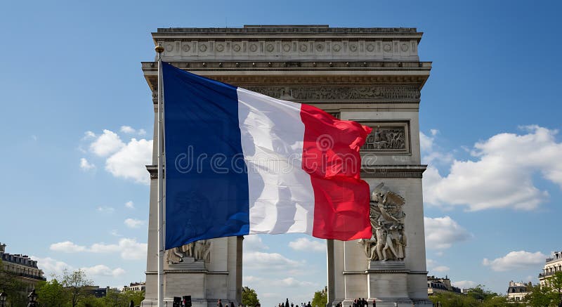 Waving Flag in Front of an Arch Monument with Blue Sky Stock ...