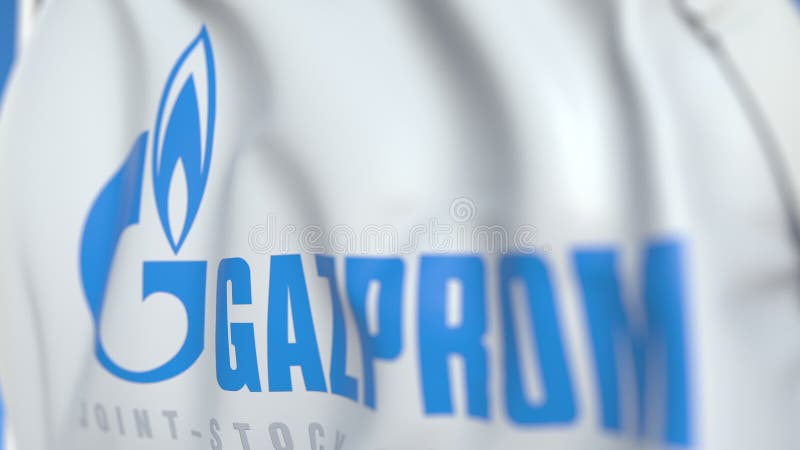 Waving Flag With Gazprom Pjsc Logo Close Up Editorial 3d Rendering Editorial Stock Image