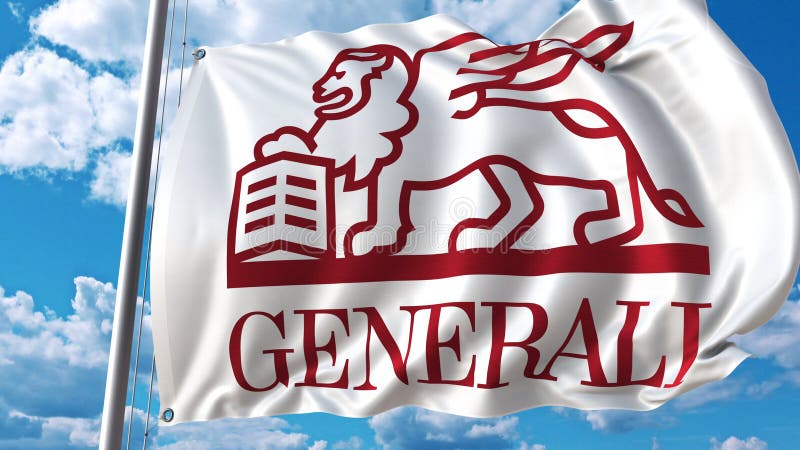 Waving Flag with Generali Logo Against Sky and Clouds. Editorial 3D ...