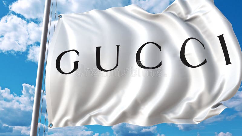 Waving Flag with Gucci Logo Against Sky and Clouds. Editorial 3D ...