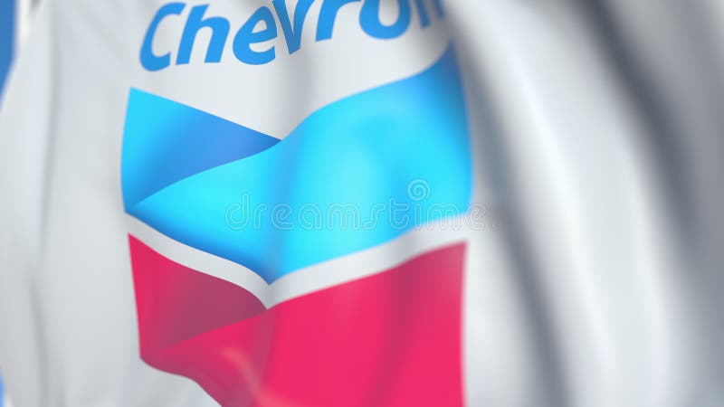 Waving Flag with Chevron Corporation Logo, Close-up. Editorial Loopable ...