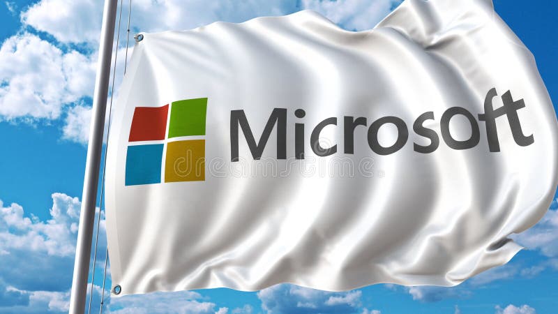 Waving Flag with Microsoft Logo Against Sky and Clouds. Editorial 3D ...