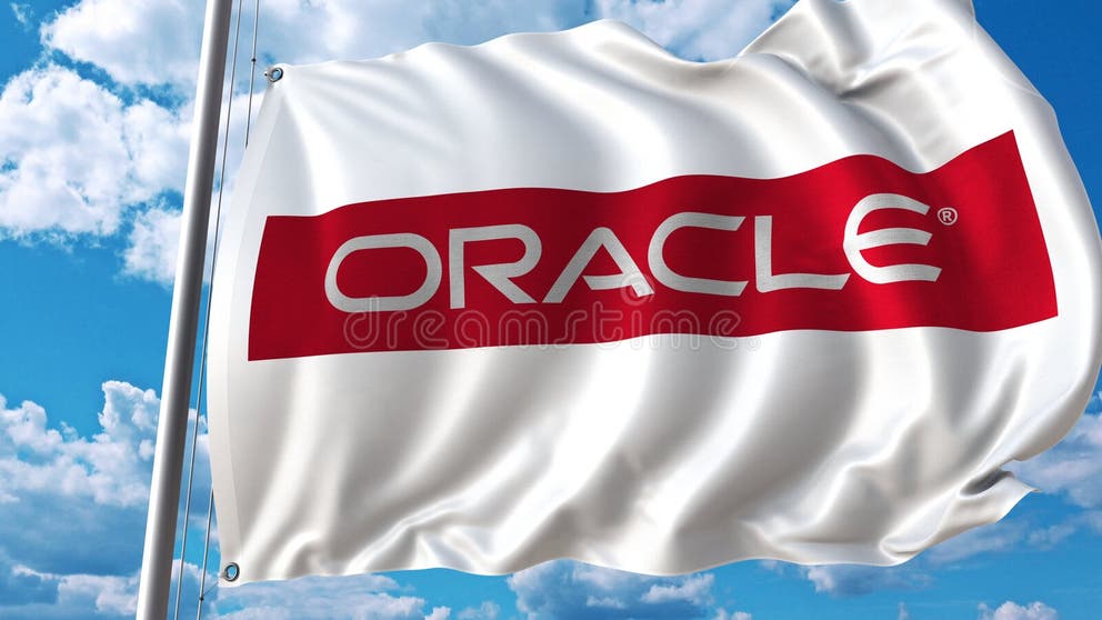 Waving Flag with Oracle Logo Against Sky and Clouds. Editorial 3D ...