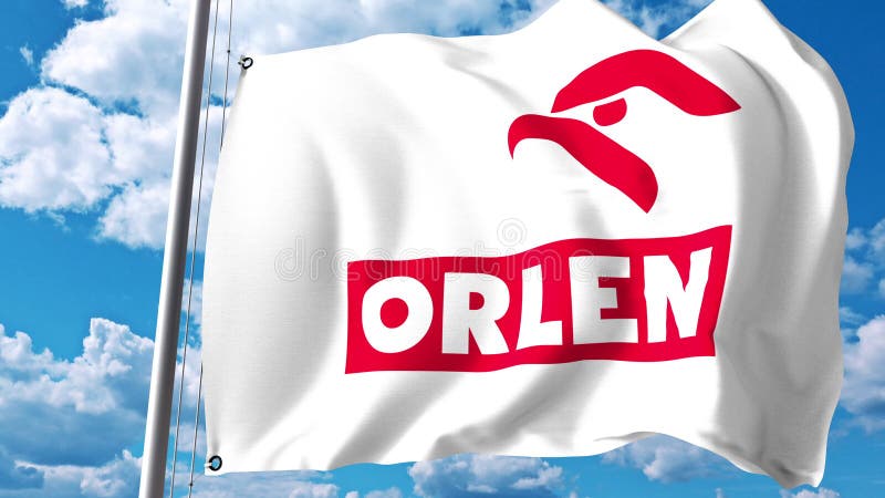 Waving Flag with PKN Orlen Logo Against Clouds and Sky. Editorial 3D ...
