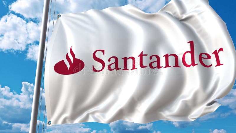 Waving Flag with Santander Logo Against Sky and Clouds. Editorial 3D ...