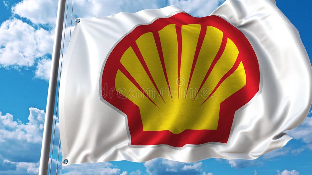 Waving Flag with Shell Logo Against Sky and Clouds. Editorial 3D ...