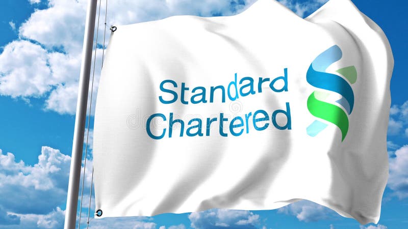 Waving Flag with Standard Chartered Logo Against Clouds and Sky ...