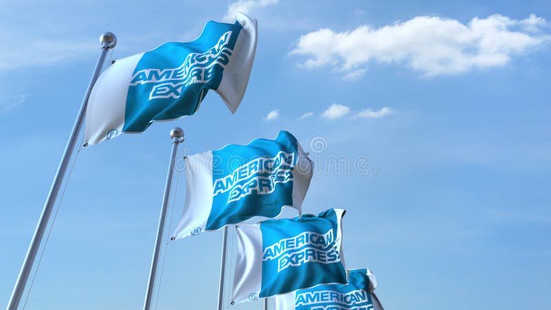 Waving Flags with American Express Logo Against Sky, Editorial 3D ...