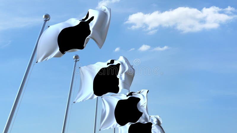 Waving Flags with Apple Logo Against Sky, Editorial 3D Rendering ...