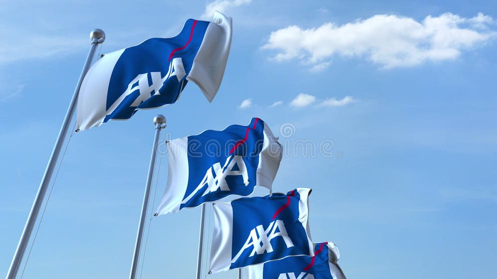Waving Flags with AXA Logo Against Sky, Editorial 3D Rendering ...