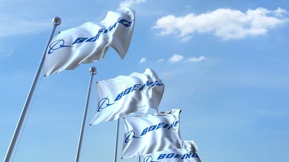 Waving Flags with Boeing Logo Against Sky, Editorial 3D Rendering ...