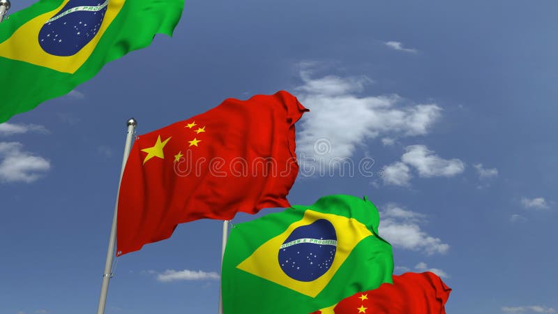 Waving Flags of Brazil and China on Sky Background, 3D Rendering Stock ...