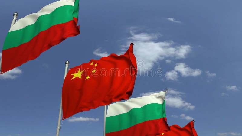 Waving Flags of Bulgaria and China on Sky Background, 3D Rendering ...