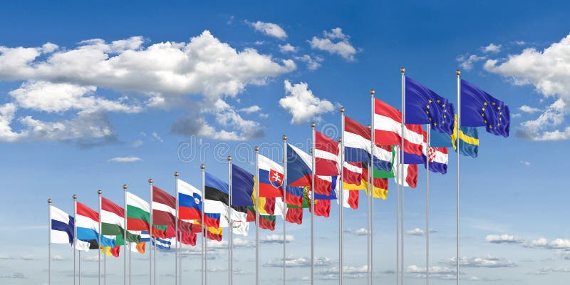 27 Waving Flags of Countries of European Union EU. Cloud Background ...