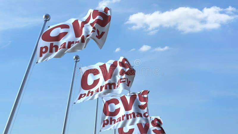 Waving Flags with Cvs Pharmacy Logo Against Sky, Editorial 3D Rendering ...