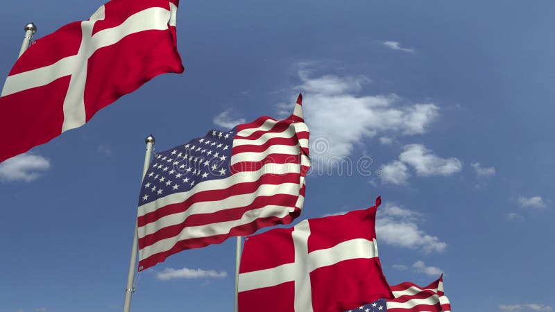 Waving Flags of Denmark and the USA on Sky Background, 3D Rendering ...