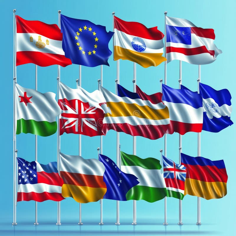 Waving Flags of Different Countries on Metallic Poles. Vector ...