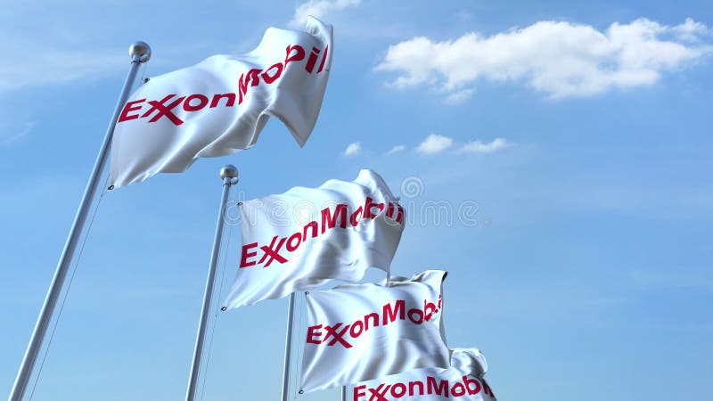 Waving Flags with Exxon Mobil Logo Against Sky, Editorial 3D Rendering ...