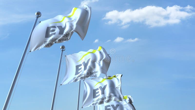 Waving Flags with EY Logo Against Sky, Editorial 3D Rendering Editorial ...