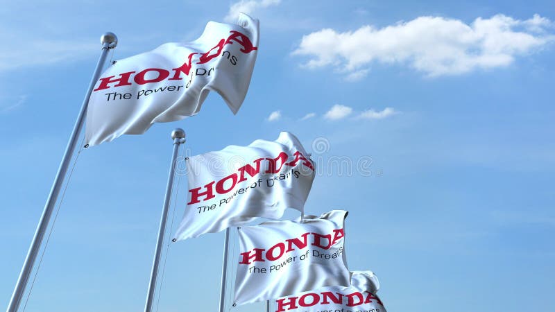 Waving Flags with Honda Logo Against Sky, Editorial 3D Rendering ...