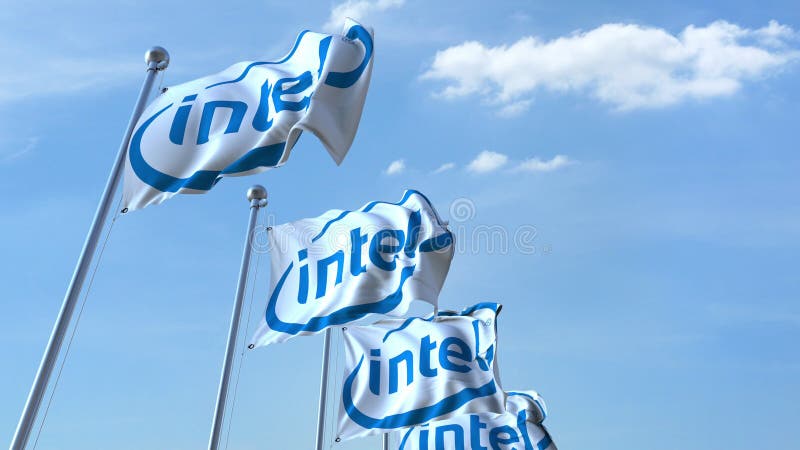 Waving Flags with Intel Logo Against Sky, Editorial 3D Rendering ...