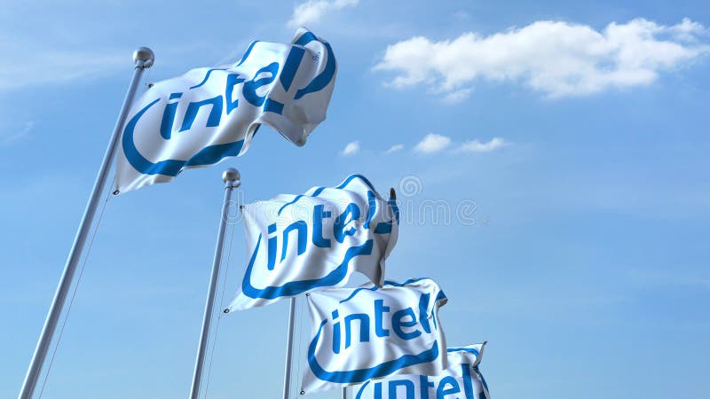 Waving Flags with Intel Logo Against Sky, Seamless Loop. 4K Editorial ...
