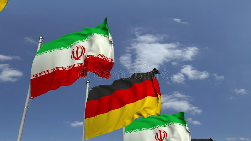 Waving Flags of Iran and Germany on Sky Background, 3D Rendering Stock ...