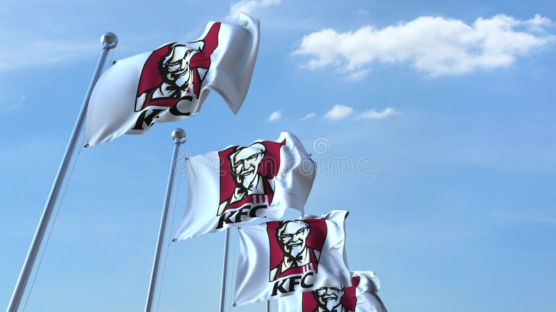 Waving Flags with KFC Logo Against Sky, Editorial 3D Rendering ...