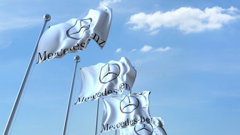 Waving Flags with Mercedes-Benz Logo Against Sky, Editorial 3D ...