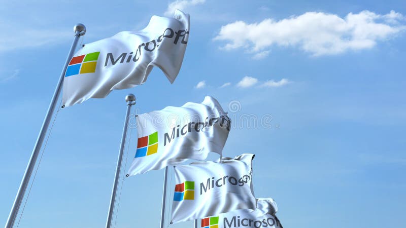 Waving Flags with Microsoft Logo Against Sky, Editorial 3D Rendering ...