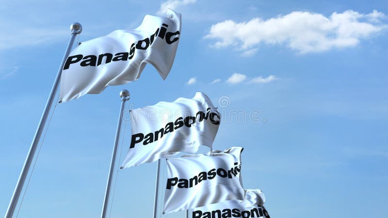 Waving Flags with Panasonic Logo Against Sky, Editorial 3D Rendering ...