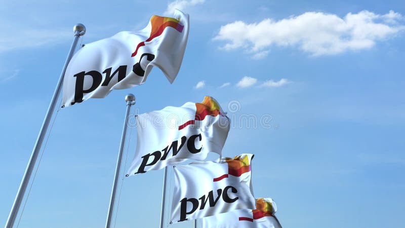 Waving Flags with PwC Logo Against Sky, Editorial 3D Rendering ...