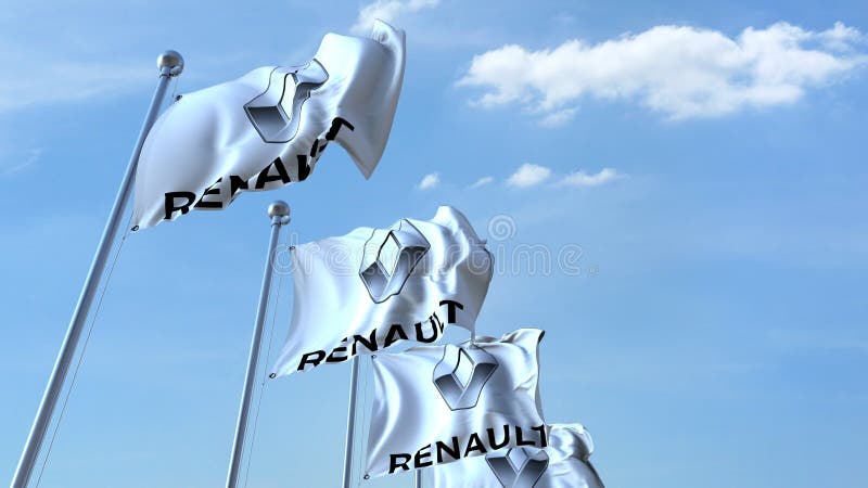 Waving Flags with Renault Logo Against Sky, Editorial 3D Rendering ...