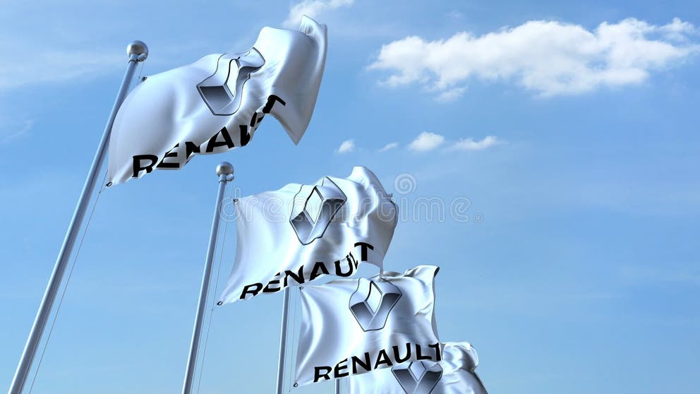 Waving Flags with Renault Logo Against Sky, Editorial 3D Rendering ...