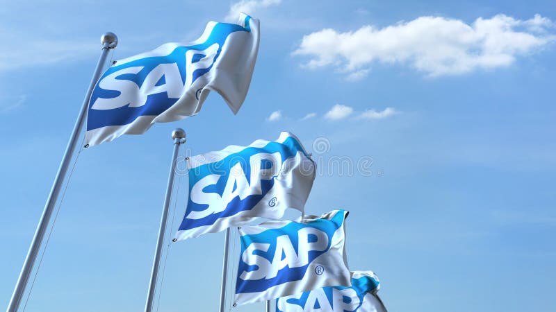 Waving Flags with SAP Logo Against Sky, Editorial 3D Rendering ...
