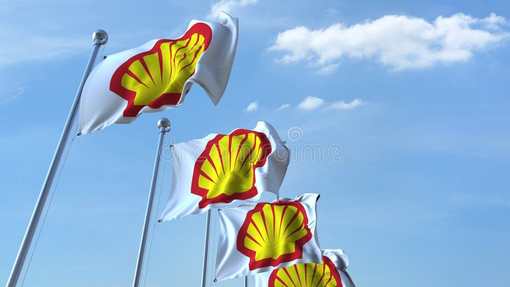 Waving Flags with Shell Logo Against Sky, Editorial 3D Rendering ...