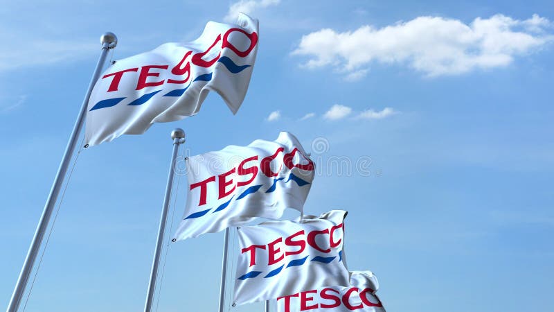 Waving Flags with Tesco Logo Against Sky, Editorial 3D Rendering ...