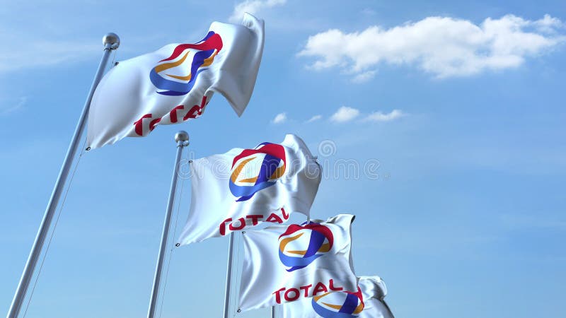 Waving Flags with Total Logo Against Sky, Editorial 3D Rendering ...