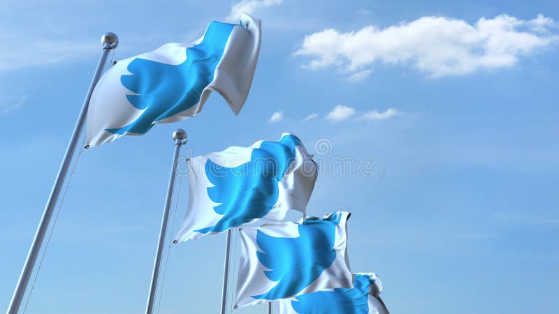 Waving Flags with Twitter Logo Against Sky, Editorial 3D Rendering ...