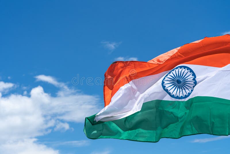 Waving India Flag Under Blue Sky Background Stock Image - Image of ...