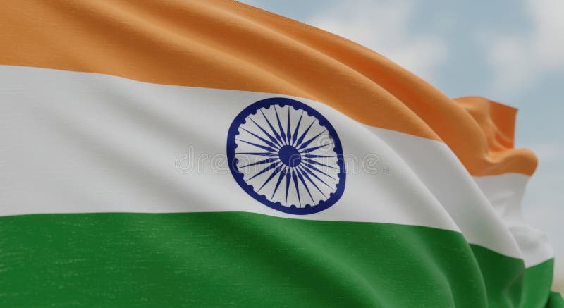 Waving Indian Flag Against Blue Sky with Ashoka Chakra Stock Image ...