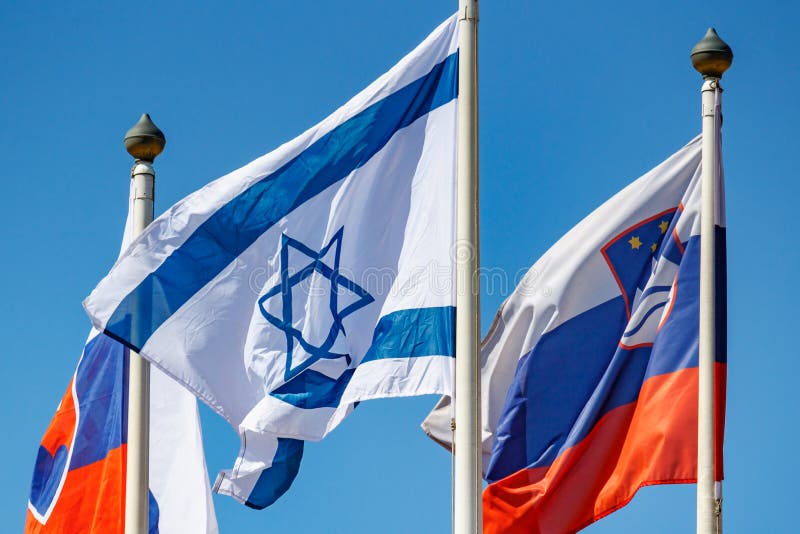 Waving Israeli Flag Close-up Against Flags of Different Countries in ...