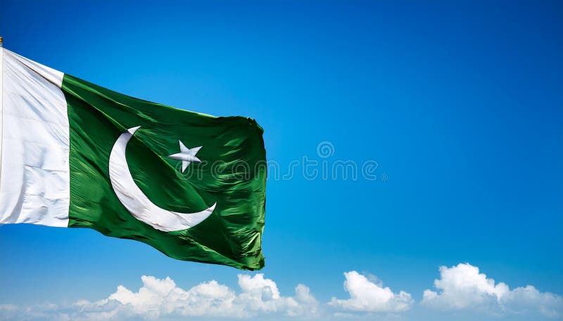 Waving Pakistan Flag on Blue Sky Background, with Space for Copy Stock ...
